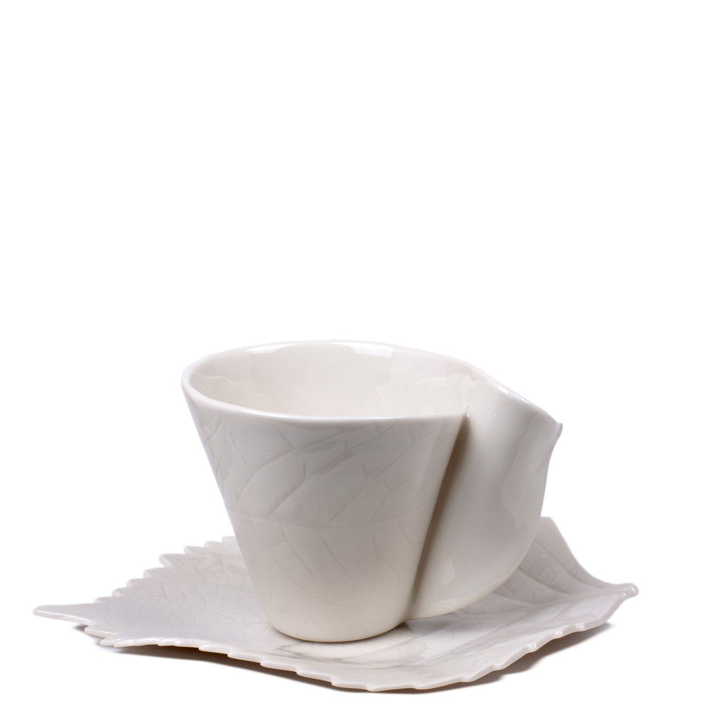 Natural Leaf Coffee Cup with Saucer Glossy White